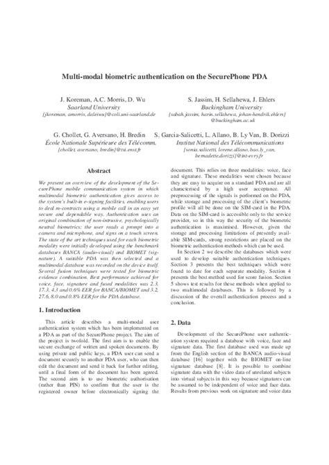 Pdf Multi Modal Biometric Authentication On The Securephone Pda