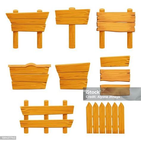 흰색 배경에 고립 된 만화 스타일로 질감 나무 요소 울타리 합판 판자 배너 빈 간판을 설정합니다 템플릿 자산 Ui 게임 컬렉션