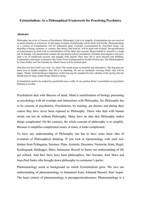 Existentialism As A Philosophical Framework For Practicing Psychiatry Pdf
