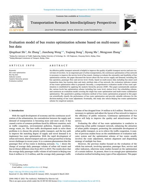 PDF Evaluation Model Of Bus Routes Optimization Scheme Based On Multi Source Bus Data