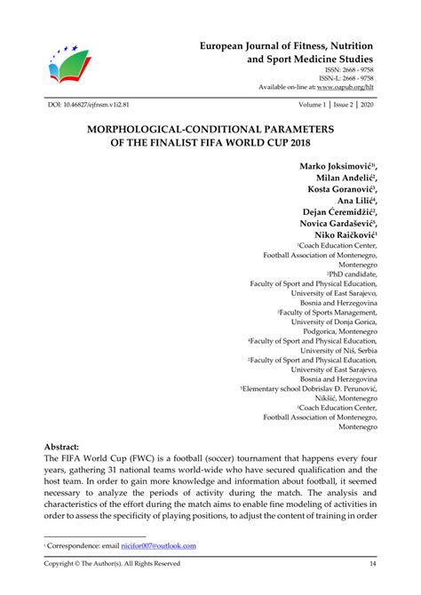 Pdf Morphological Conditional Parameters Of The Finalist Fifa World