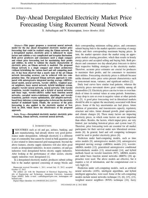 Day Ahead Deregulated Electricity Market Price Forecasting Using Recurrent Neural Network Pdf