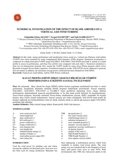 Pdf Numerical Investigation Of The Effect Of Blade Airfoils On A Vertical Axis Wind Turbine