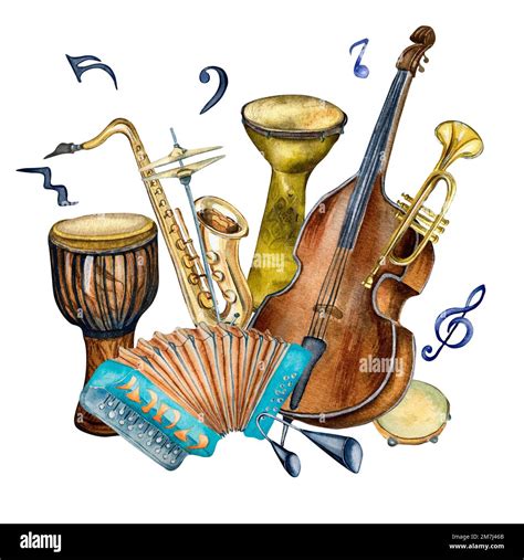 Composition Of Jazz Musical Instruments And Signs Watercolor