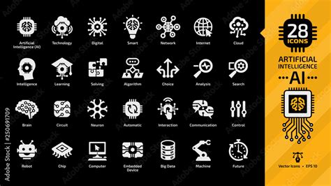 vector artificial intelligence white glyph icon set on a black background with machine learning