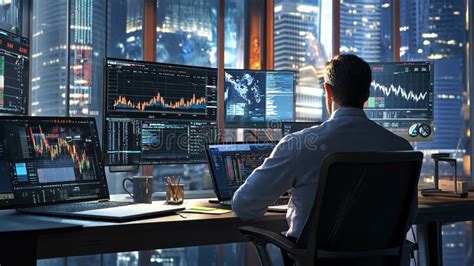 man analyzing stock market data on multiple screens in a modern office