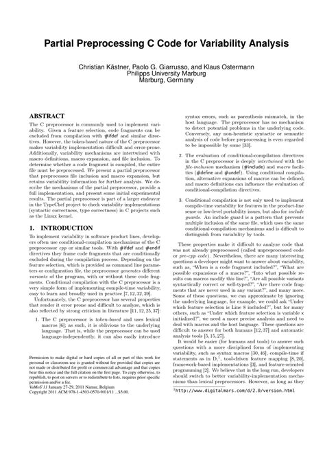 Pdf Partial Preprocessing C Code For Variability Analysis