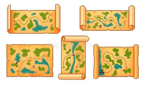 8 Bit Pixel Art Ancient Pirate Treasure Maps Set Stock Illustration Illustration Of Route