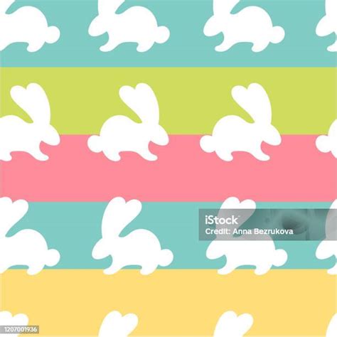 흰색 재미 토끼부활절 원활한 패턴입니다 부활절 장식 봄 포장 종이 봉투 문구 노트북용 텍스처 여러 가지 색상의 줄무늬 배경의 플랫 벡터 그림 배경 주제에 대한 스톡 벡터