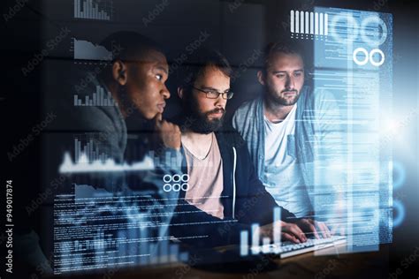 Programming Hologram Man And Team With Computer At Night For Typing