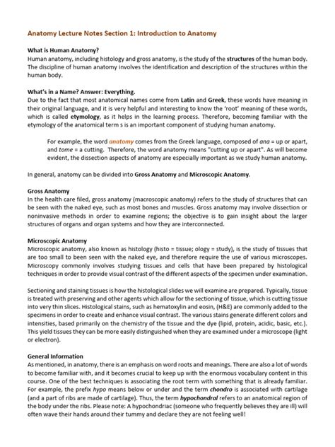 1 Intro To Anatomy Lecture Notes Pdf Human Body Histology
