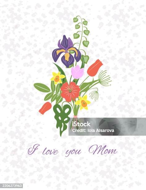 꽃다발이 있는 어머니의 날 일러스트레이션 튤립 붓꽃 봄꽃이 있는 인사말 카드 손으로 그린 벡터 그래픽은 휴일에 적합합니다 0명에 대한 스톡 벡터 아트 및 기타 이미지