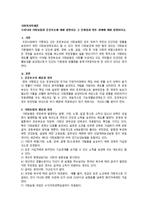 우리나라 사회보험과 공공부조에 대해 설명하고 그 문제점과 향후 과제에 대해 설명하시오