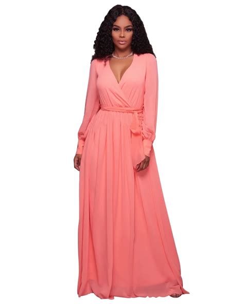 Yuerlian Chiffon Long Maxi Dresses Plus Size Women Yellow Pink V Neck
