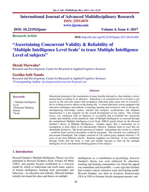 Pdf “ascertaining Concurrent Validity And Reliability Of ‘multiple Intelligence Level Scale To