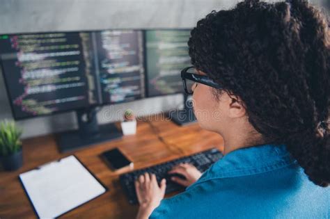 Photo Of Lovely Young Lady Typing Keyboard Programming Dressed Blue