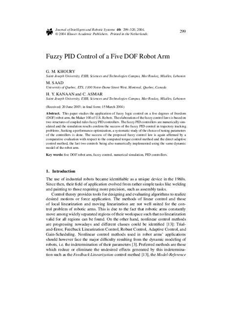 Pdf Fuzzy Pid Control Of A Five Dof Robot Arm