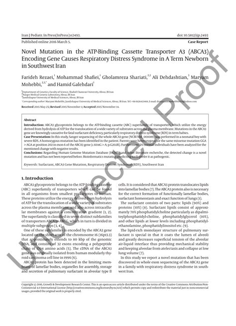 Pdf Novel Mutation In The Atp Binding Cassette Transporter A3 Abca3