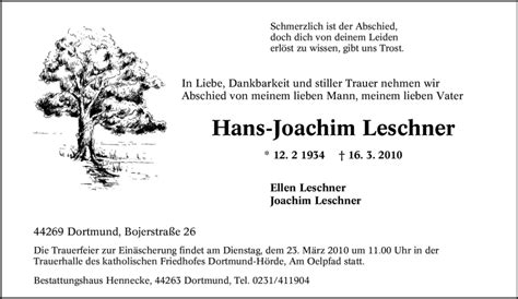 Traueranzeigen Von Hans Joachim Leschner Trauer In Nrw De