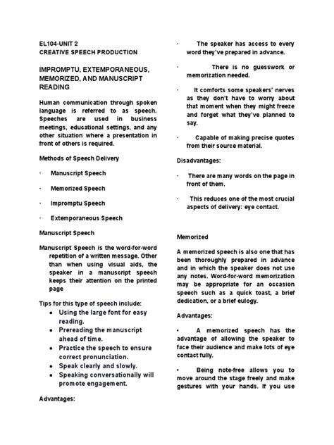 El104 Unit 2 Simplied Reviewer 1 Pdf Monologue Stress Linguistics
