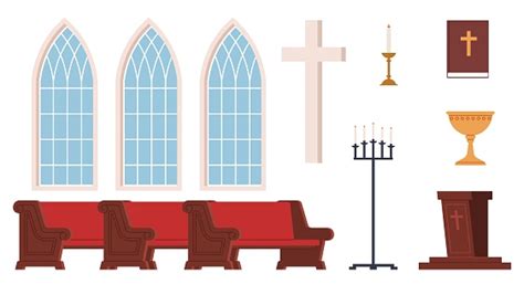 카톨릭 교회의 가구 및 종교 액세서리 유리창 촛불 성스러운 책 십자가 황금 컵 나무 벤치 전통적인 인테리어 만화 플랫 스타일 절연 벡터 세트 목재 재료에 대한 스톡 벡터
