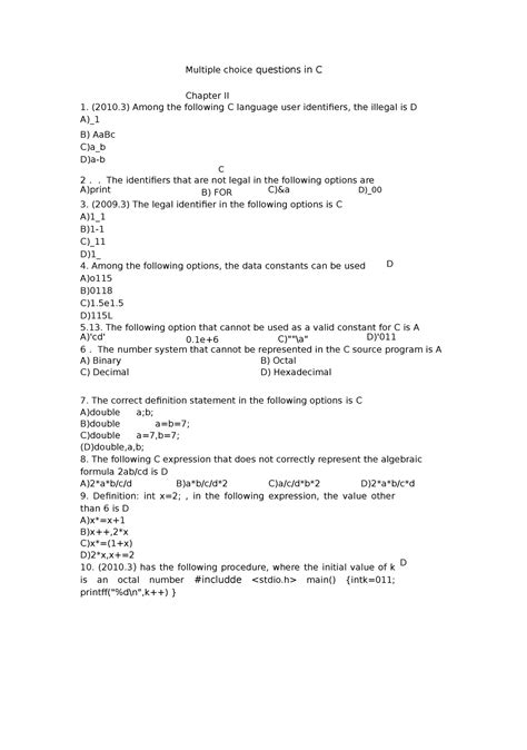 Multiple Choice Questions In C Multiple Choice Questions In C Chapter Ii 2010 Among The