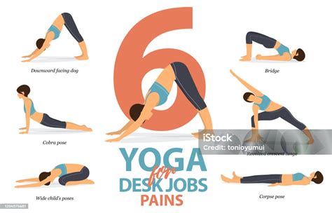 6 요가의 인포 그래픽은 평면 디자인에 책상 작업 고통을 위한 포즈 미용 여성은 몸을 스트레칭운동을하고 있습니다 요가 시퀀스 인포 그래픽의 집합입니다 만화 벡터 아트입니다