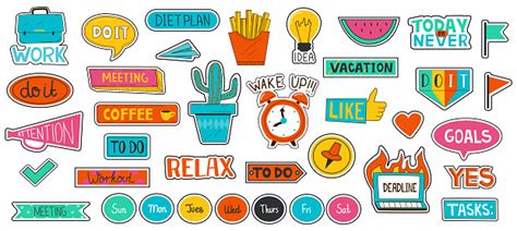 저널 스티커 학교 플래너 또는 스크랩북 라벨 플랫 낙서 스케치와 타이포그래피가 있는 의제 또는 주간 캘린더 태그입니다 목록을 할