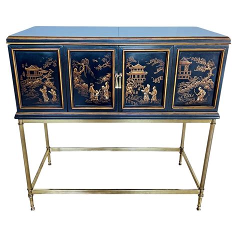 Drexel Heritage Chinoiserie Black Lacquer Cabinet On Brass Stand At 1stdibs