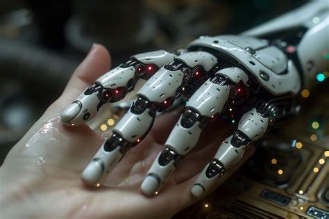 Human Hand Touching Advanced Robotic Arm Technology Premium Ai Generated Image