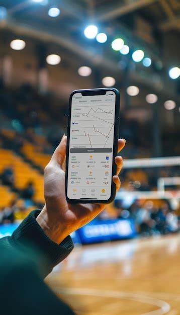 Volleyball Match Mobile App Mockup Displaying Game Statistics Held By Spectator In Stadium