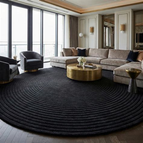 Premium Hand Tufted Black Round Area Rug Minimalist Textured Circular