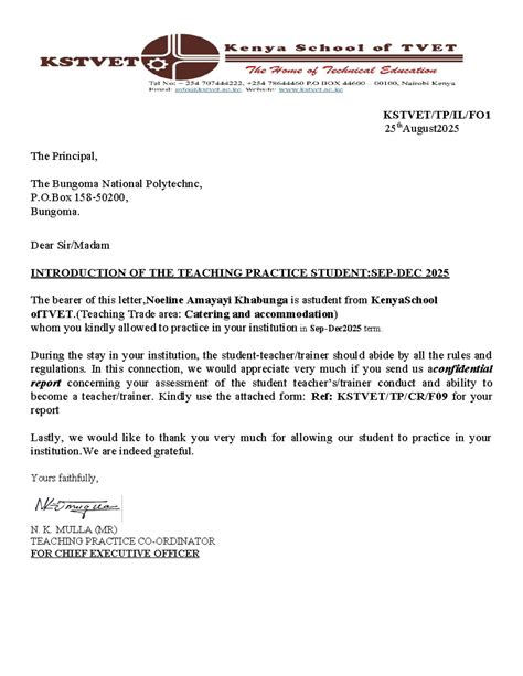 Teaching Practice Introduction Letter Tvet 2025 Studocu