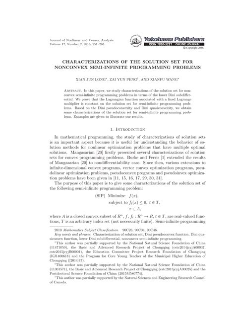 Pdf Characterizations Of The Solution Set For Nonconvex Semi Infinite Programming Problems