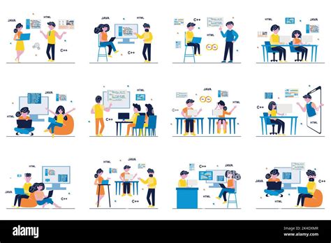 Programming Software Concept With Tiny People Scenes Set In Flat Design Bundle Of Men And Women