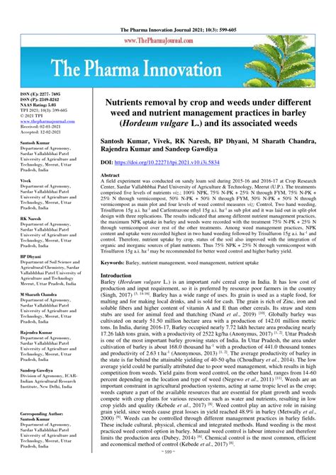 Pdf Nutrients Removal By Crop And Weeds Under Different Weed And Nutrient Management Practices