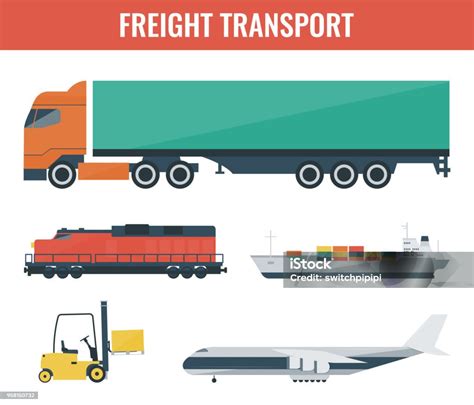 Freigh 교통 아이콘입니다 트럭 기차 배 비행기 지게차 평면 디자인입니다 벡터 기차에 대한 스톡 벡터 아트 및 기타 이미지