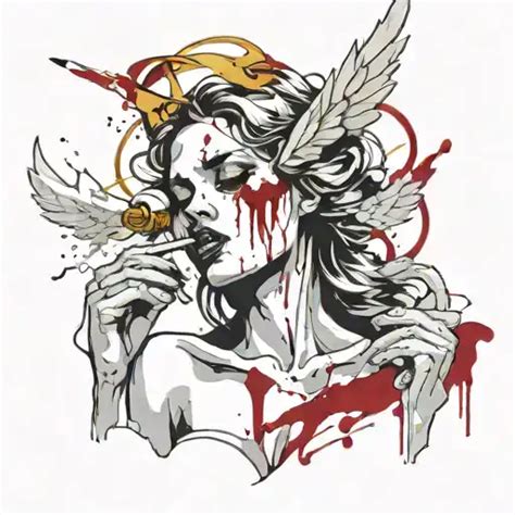 Sexy Angel Smoking Cigarette Side View Temporary Tattoo BlackInk AI