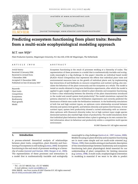 Pdf Predicting Ecosystem Functioning From Plant Traits Results From A Multi Scale