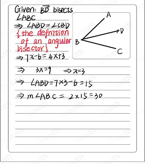 solved vector bd bisects ∠ abc solve for x and find m∠ abc m∠ abd 7x