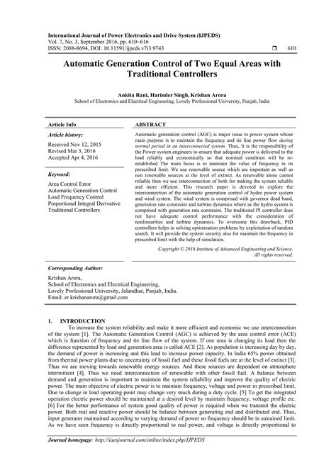 Automatic Generation Control Of Two Equal Areas With Traditional Controllers Pdf