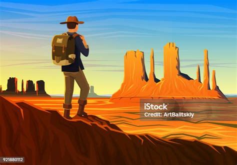 산 그리고 관광 아침 전경 대 낮에 일찍 프리 모뉴먼트 밸리 여행 캠핑 등산 벡터 일러스트 레이 션 웹 사이트 또는 배너입니다 야외 언덕 꼭대기 사냥 메사 애리조나 0명에