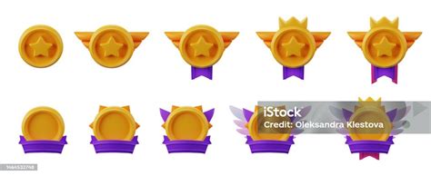 3d 게임 배지 세트 아바타 원형 프레임 렌더링 중세 판타지 순위 아이콘 키트 날개 왕관 1위에 대한 스톡 사진 및 기타 이미지 Istock