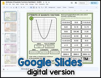 Attributes Of Quadratic Functions From Graphs Activity Print And Digital