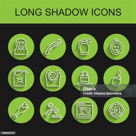 라인 깨진 병을 무기로 설정하고 판사 망치 도둑 마스크 시스템 버그 헤드샷 항복 손들 라이터 및 자물쇠 따기 아이콘에 대한 자물쇠 선택 벡터 가솔린에 대한 스톡 벡터 아트