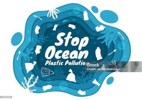 쓰레기 봉투 쓰레기 병과 같은 바다 밑의 쓰레기가 있는 해양 플라스틱 오염 벡터 일러스트레이션을 평면 만화 손으로 그린 템플릿에 멈추십시오 0명에 대한 스톡 벡터 아트 및