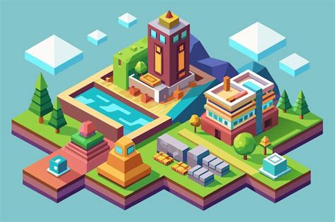 This Isometric Illustration Features Vibrant Structures Greenery And A Calm Pool Area That