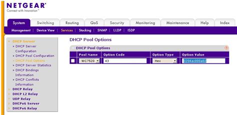 how do i configure dhcp option 43 on netgear managed switch netgear