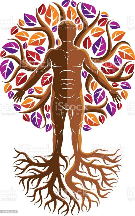 근육 질의 인간 자기 나무 뿌리를 사용 하 여 만든가 포위의 벡터 그래픽 일러스트 단풍 환경 보호 개념 자연과 조화를 이루며에서 살고 가을에 대한 스톡 벡터 아트 및 기타