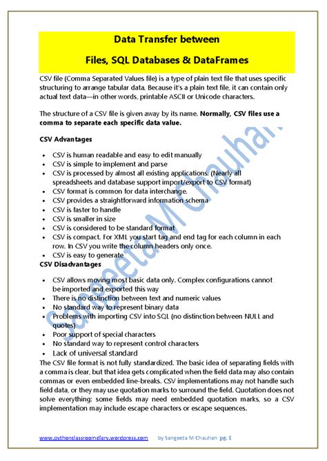 Csvnotes Data Transfer Between Files SQL Databases DataFrames CSV File Comma Separated